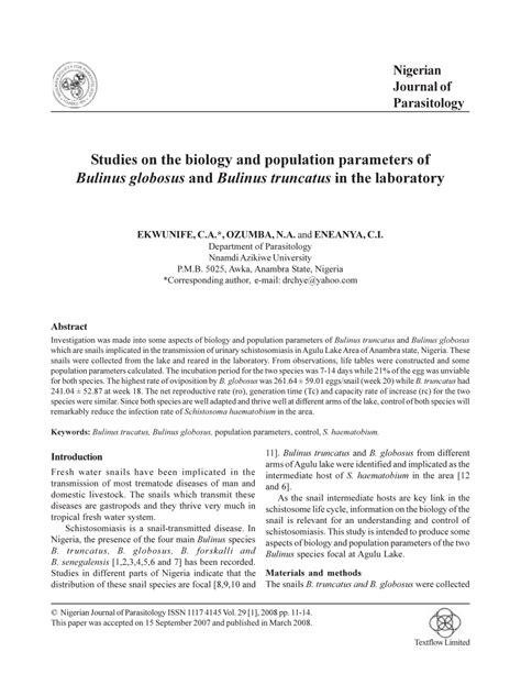 Pdf Studies On The Biology And Population Parameters Of Bulinus