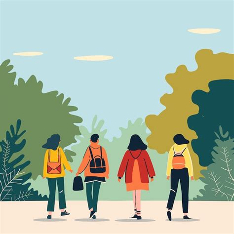 Four People Walking Through Park Peaceful Stroll Friends Group Diverse