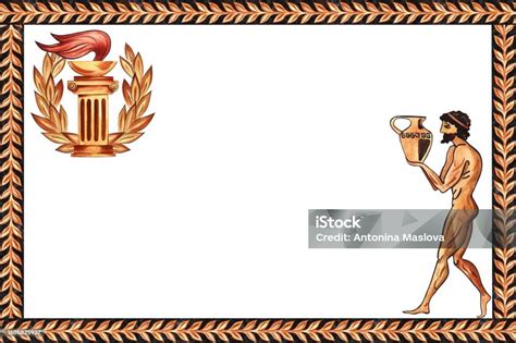 고대 그리스 장식이 있는 프레임입니다 로렐 패턴 수채화 손으로 그린 그림 고대 그리스의 불꽃 그리스 기둥에 그릇에 횃불 선수 우승자 격리 엽서의 경우 인쇄 고대 그리스에