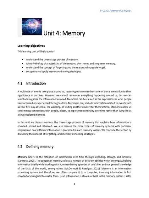 Pyc1501 Unit 4 Memory Oer Pdf Memory Recall Memory