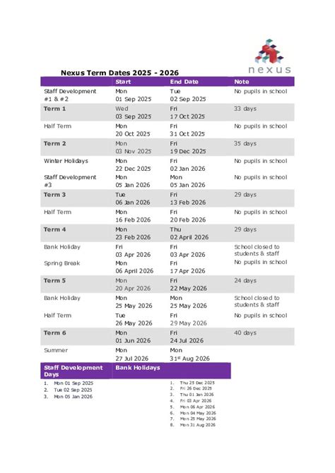 Term Dates Nexus School