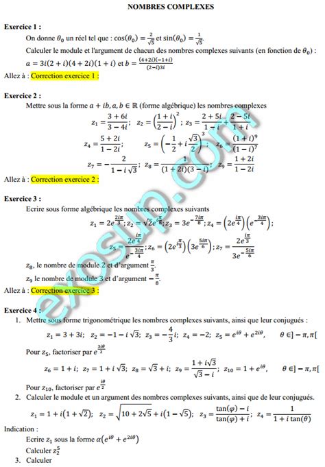 Nombres Complexes 54 Exercices Corrigés Exosup