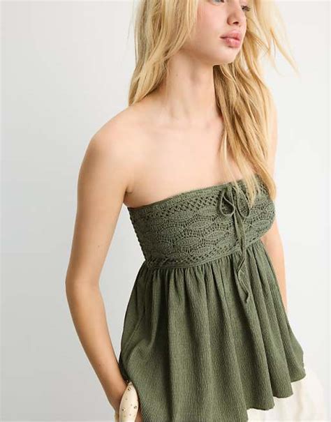 Stradivarius Crochet Bandeau Top In Olive Green Asos