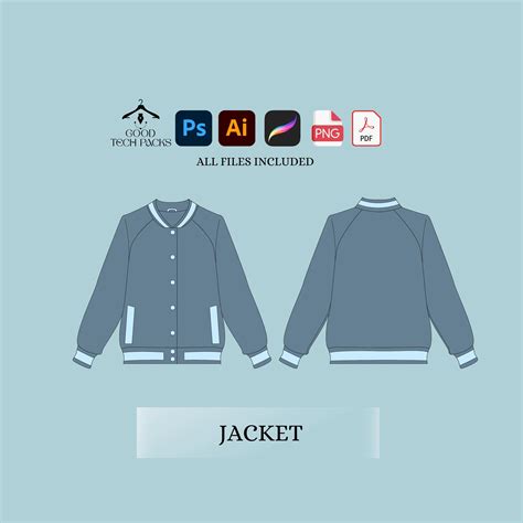 Letterman Jacket Tech Pack Template Clothing Procreate Bomber Vector Adobe Illustrator Fashion