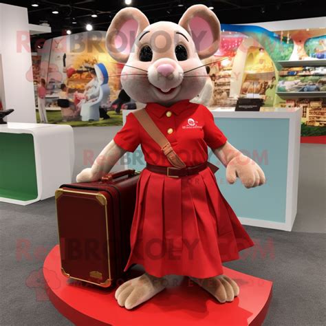 Red Mouse Mascot Costume Character Dressed With A Pleated Skirt And Briefcases Mascot Costumes
