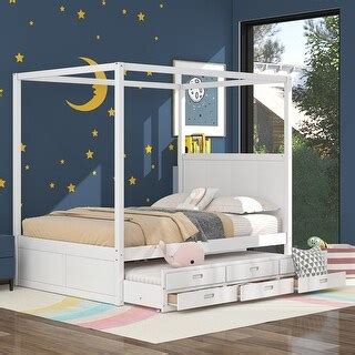 Queen Size Canopy Platform Bed With Twin Trundle And Three Storage