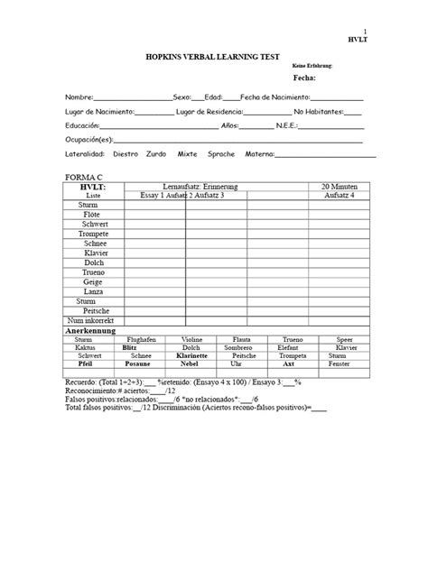 Prueba De Aprendizaje Hvlt Formatos A B Y C Pdf