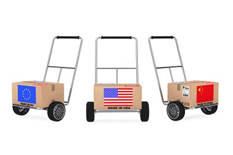 중국 미국 핸드 트럭에 유럽 연합 플래그와 골 판지 상자 3 차원 렌더링 기에 대한 스톡 사진 및 기타 이미지 기 나름 미국 Istock