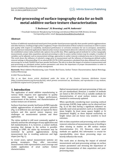Pdf Post Processing Of Surface Topography Data For As Built Metal Additive Surface Texture