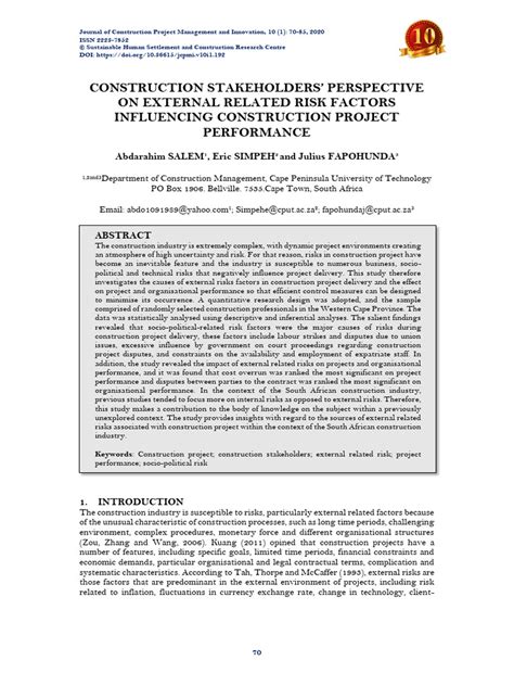 Construction Stakeholders Perspective On External Related Risk Factors