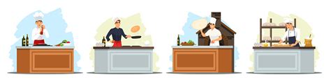 레스토랑 주방 일러스트 세트에서 요리하는 요리사 마스터는 식사를 요리합니다 향신료와 야채 샐러드 피자 팬케이크 빵 굽기가있는
