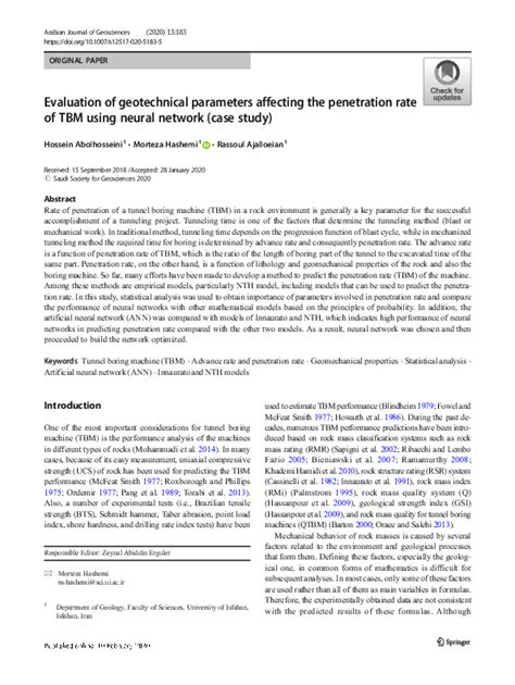 Pdf Evaluation Of Geotechnical Parameters Affecting The Penetration Rate Of Tbm Using Neural