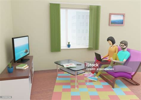 남자와 여자는 소파에 앉아 집에서 Tv를보고있다 3d 일러스트레이션 텔레비전에 대한 스톡 사진 및 기타 이미지 텔레비전 2명 가구 Istock