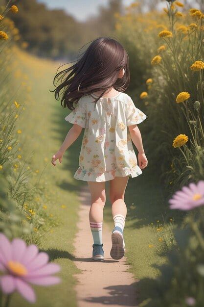 Premium Ai Image A Girl Walking On A Path In A Field Of Flowers