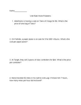 Unit Rate Word Problems By Jamie Ray TPT