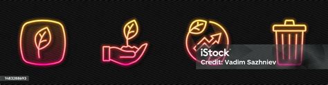 세트 라인 전기 절약 플러그 인 리프 리프 에코 심볼 식물 손 및 쓰레기통 빛나는 네온 아이콘입니다 벡터 개념에 대한 스톡 벡터