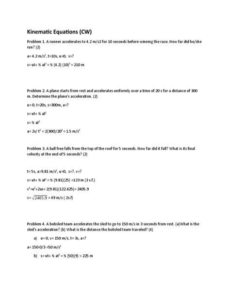 kinematic equations worksheet pdf