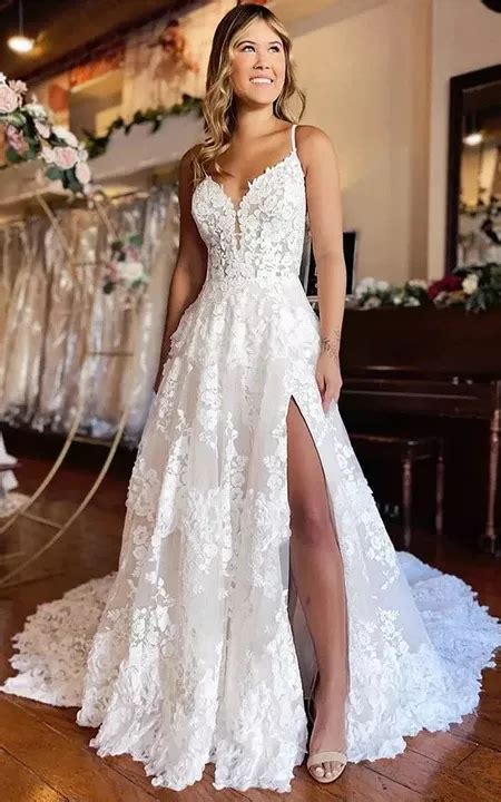 A Line Lace Wedding Dress With Slit Beach Rusitc Bridal Gown White