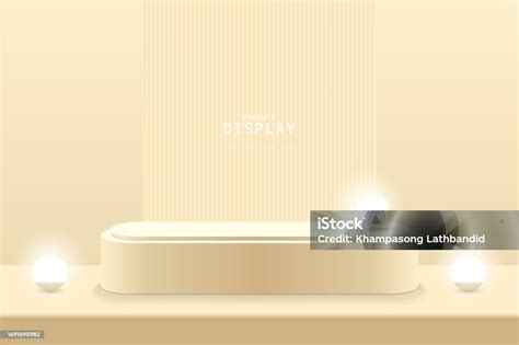 깨끗한 갈색 3d 원형 연단은 빛나는 원형 네온 램프와 수직 배경이 있는 책상 테이블 받침대에 사실적으로 배치됩니다 모형 제품을 위한 연단 장면 쇼케이스를 위한 무대 3d