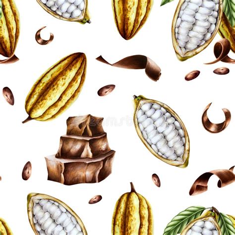 Seamless Pattern With Stack Pieces Of Chocolate Open Cocoa Pod Fruit Beans Stock Illustration