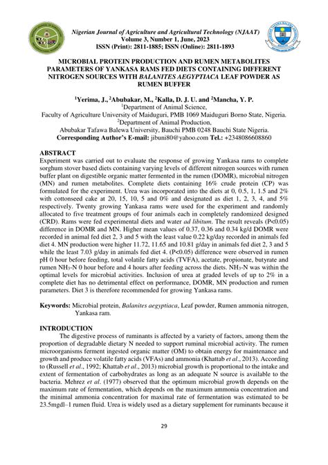 Pdf Microbial Protein Production And Rumen Metabolites Parameters Of Yankasa Rams Fed Diets