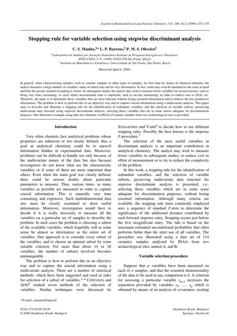 Pdf Stopping Rule For Variable Selection Using Stepwise Discriminant Analysis