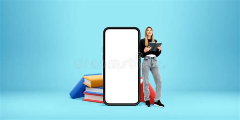 Woman With Notebook In Hands Mock Up Smartphone Display On Blue Background Stock Image Image