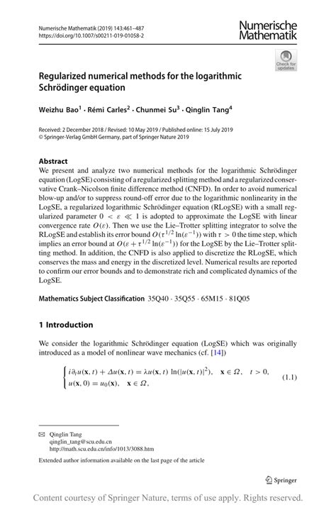 Regularized Numerical Methods For The Logarithmic Schrödinger Equation Request Pdf