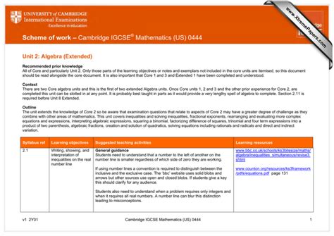 Scheme Of Work Cambridge Igcse Mathematics Us 0444
