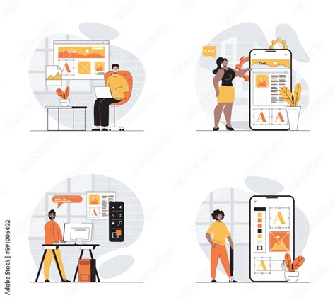 App Development Concept With Character Set Collection Of Scenes People Programming Mobile