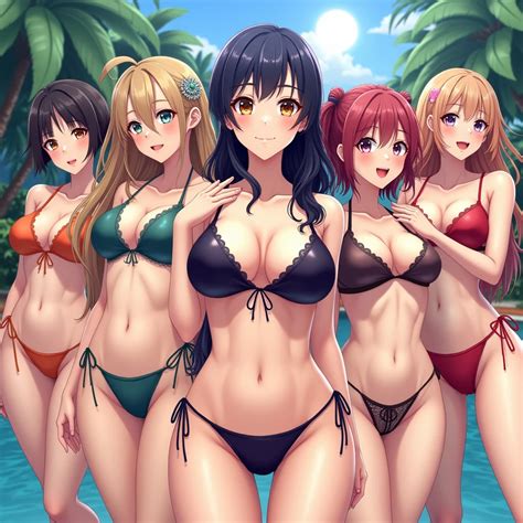 A Group Of 5 Beautiful Anime Girls In Bikinis Extremely Detailed