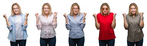 축 하 하는 흰색 절연된 Backgroud 이상 젊은 아름 다운 금발의 여 자가의 콜라주 놀라게 무기 제기와 성공을 위한 깜짝 놀라게 고 눈을 엽니다 우승자 개념입니다