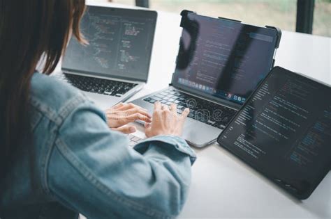 Female Programmer Working On Coding Software Development And Web Design Concept Technology