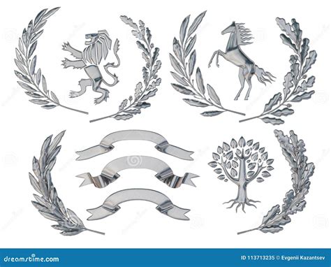 3d Illustration Of Heraldry A Set Of Objects Silver Olive Branches