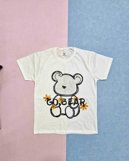 خرید و قیمت تیشرت تک سفید دخترانه نگین دار طرح خرس مناسب ۱ تا ۸ سال ترب