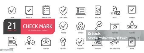 Set Of Line Icons Related To Check Mark Approve Checklist Validate Outline Icons Collection