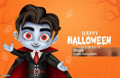 할로윈 뱀파이어 문자 벡터 디자인입니다 친근한 귀여운 의상 소년 뱀파이어 좀비 캐릭터와 함께 해피 할로윈 인사말 텍스트 계절에 대한 스톡 벡터 아트 및 기타 이미지 Istock