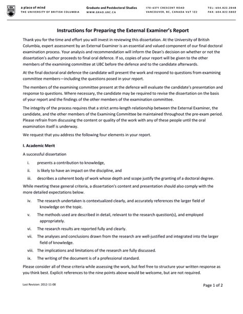 External Examiners Report Instructions Ubc Dissertation