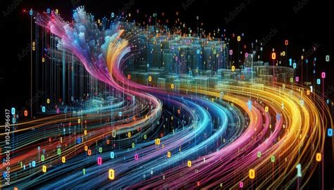data flow visualization converging streams of binary code representing