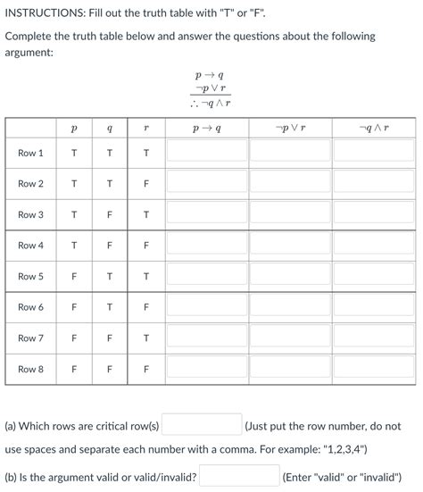 Solved INSTRUCTIONS Fill Out The Truth Table With T Or Chegg Com