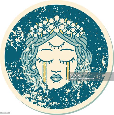 상징적 인 고민 스티커 문신 스타일 이미지 세 번째 눈과 꽃의 왕관을 가진 여성 얼굴 고스에 대한 스톡 벡터 아트 및 기타 이미지 고스 꽃 식물 눈 신체 부분
