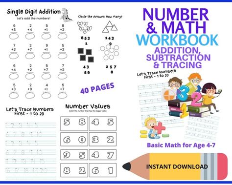 numbers and basic math workbook tracing counting addition and etsy