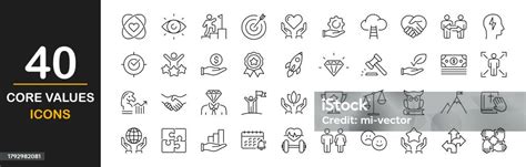 핵심 가치 웹 아이콘 세트 핵심 가치 단순하고 가는 선 아이콘 컬렉션 목표 책임 성과 책임 승리 의지 품질 팀워크 등을 포함합니다 간단한 웹 아이콘 세트 개념에 대한 스톡