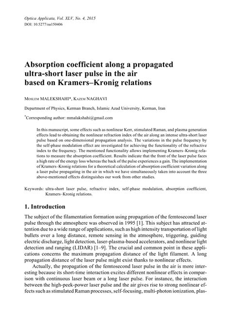 Pdf Absorption Coefficient Along A Propagated Ultra Short Laser Pulse