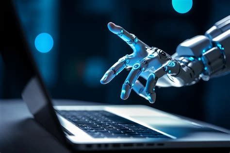 Premium Ai Image Robotic Finger Points To Laptop Button Symbolizing Ai And Chatbot