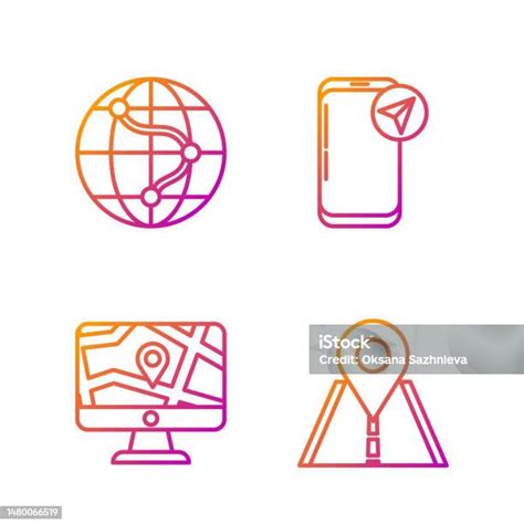 라인 도로 교통 표지판 모니터 및 접힌지도 지구상의 위치 및 도시지도 탐색의 인포 그래픽을 설정합니다 그라데이션 색상 아이콘 벡터 개념에 대한 스톡 벡터 아트 및 기타