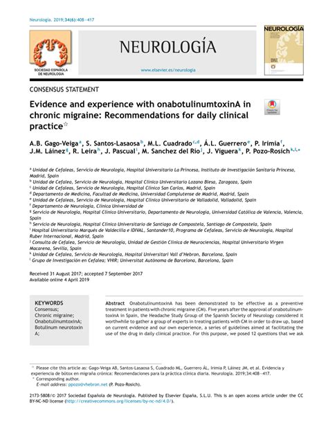 Pdf Evidence And Experience With Onabotulinumtoxina In Chronic Migraine Recommendations For