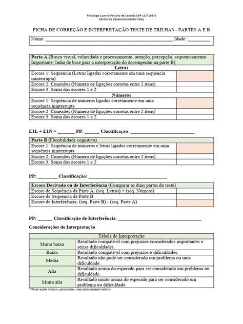Ficha De CorreÇÃo Teste De Trilhas Partes A E B Pdf Psicologia