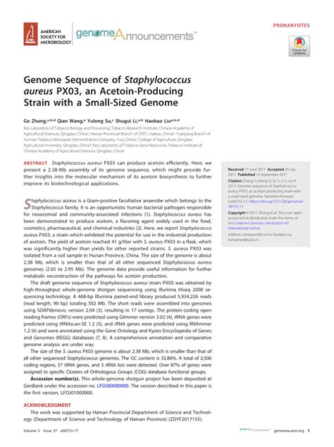Pdf Genome Sequence Of Staphylococcus Aureus Px03 An Acetoin Producing Strain With A Small