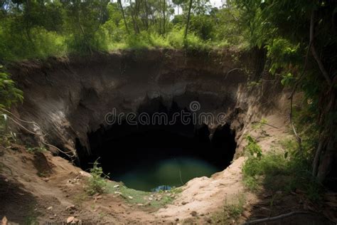 Extremely Deep Sinkhole With Visible Sunlight At The Bottom Stock
